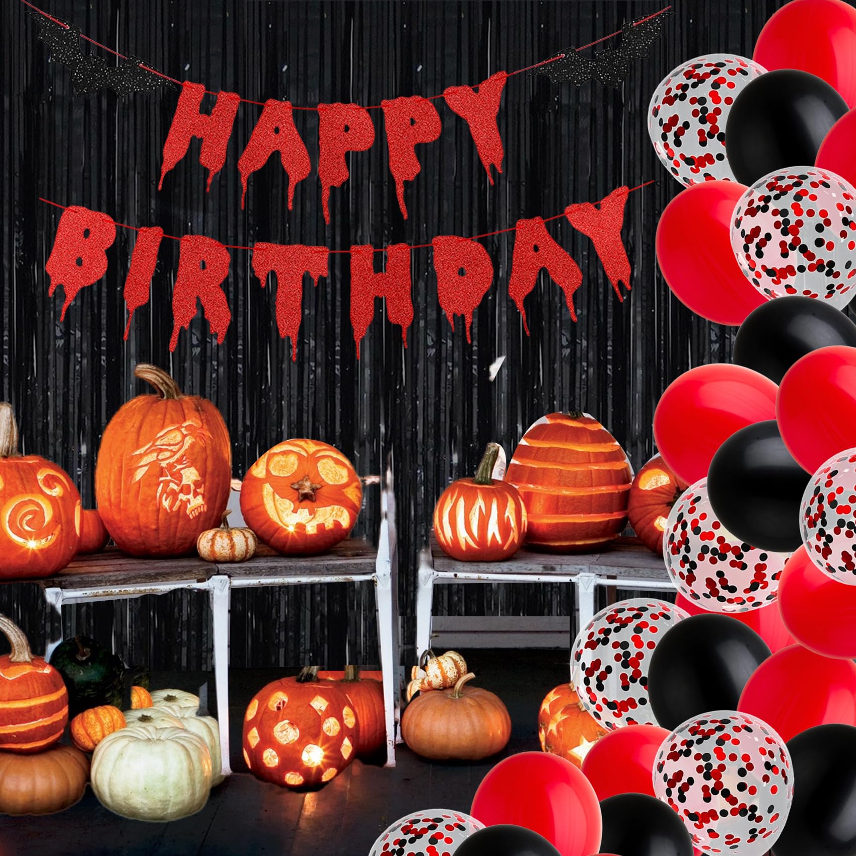 Red Black Happy Birthday Glittery Halloween Banner Black Foil Curtains Backdrop 3D Bat Sticker Latex Balloons Confetti Balloon for Birthday Party Decoration Halloween Party Supplies