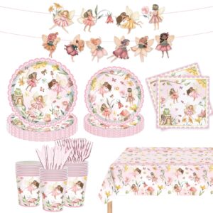 122pcs fairy party supplies for girls 1st 2rd first birthday fairies enchanted themed baby shower party decorations garden flower tableware disposable paper plates napkins forks knife for 20 guests