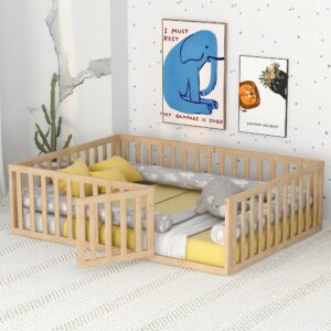 full size floor bed with fence and door, kids montessori floor bed without slats, full floor bed with playhouse design, wood montessori bed for kids, girls, boys(natural floor bed full size)