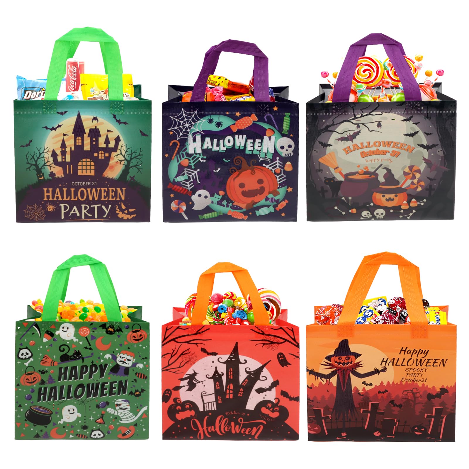 CIEHER 12PCS Halloween Treats Bags Party Favors Halloween Trick or Treat Bags, Halloween Tote Bags with Handles, Halloween Candy Bag Gift Bags, Halloween Party Supplies, 9"×8.6"×4.33"