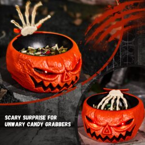 NEXIHOO Animatronic Halloween Candy Bowl - Pumpkin Bowl Halloween Decor Touch Activated with Creepy Sound,Moving Skeleton Hand, Light Up Animated Eyes, Scary Candy Dish for Halloween Party Decoration