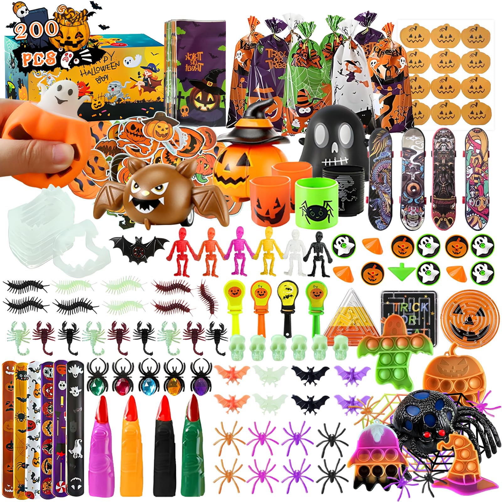 KASSAE 200PCS Halloween Party Favors for Kids - Halloween Toys Bulk for Party Supplies - Halloween Goodie Bags Stuffers Pinata Filler - Halloween Gifts for Boys Girls Classroom Prizes