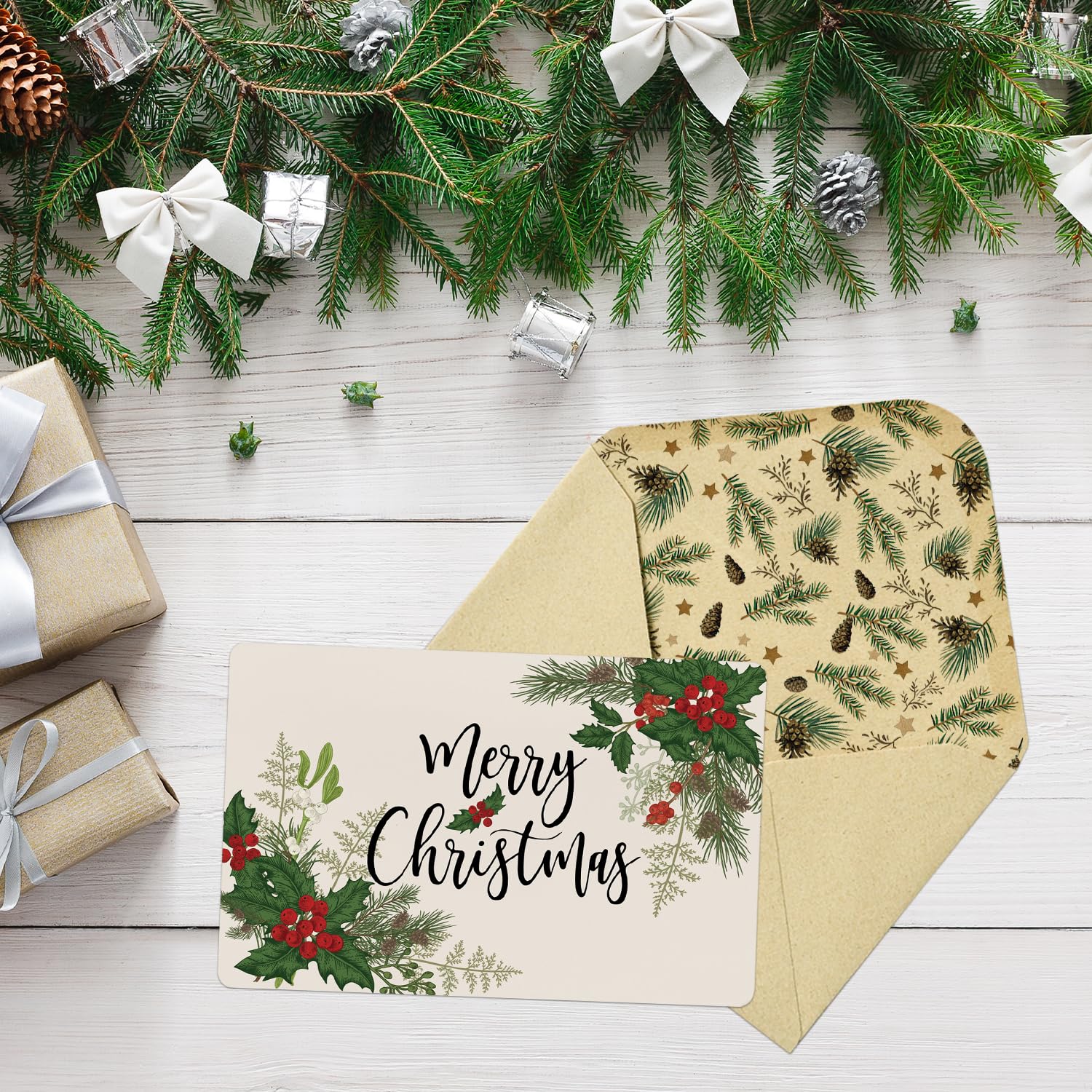 Artoid Mode 36 Pack Merry Christmas Thank You Cards Plant Holly Greeting Cards Gift With Envelope Sticker Blank Note Cards for Birthday Wedding Baby Shower Bridal Shower, 4 x 6 Inch