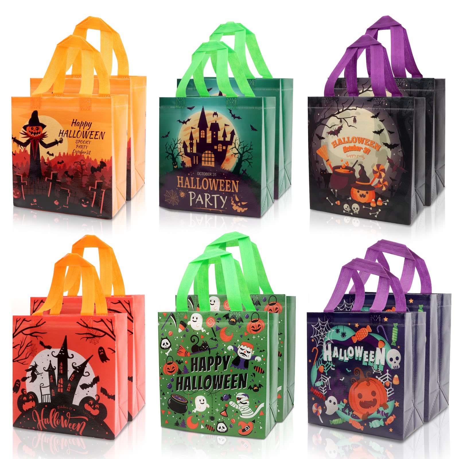 CIEHER 12PCS Halloween Treats Bags Party Favors Halloween Trick or Treat Bags, Halloween Tote Bags with Handles, Halloween Candy Bag Gift Bags, Halloween Party Supplies, 9"×8.6"×4.33"