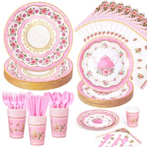 400 pcs tea party plates and cups and napkins sets flower plates and napkins party supplies tea party decorations disposable dinnerware set for birthday, baby shower, wedding, bridal shower