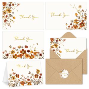 whaline 32 pack gold foil fall thank you cards autumn floral wildflower greeting cards with envelopes and stickers blank note cards for wedding birthday bridal shower, 4 x 6 inch