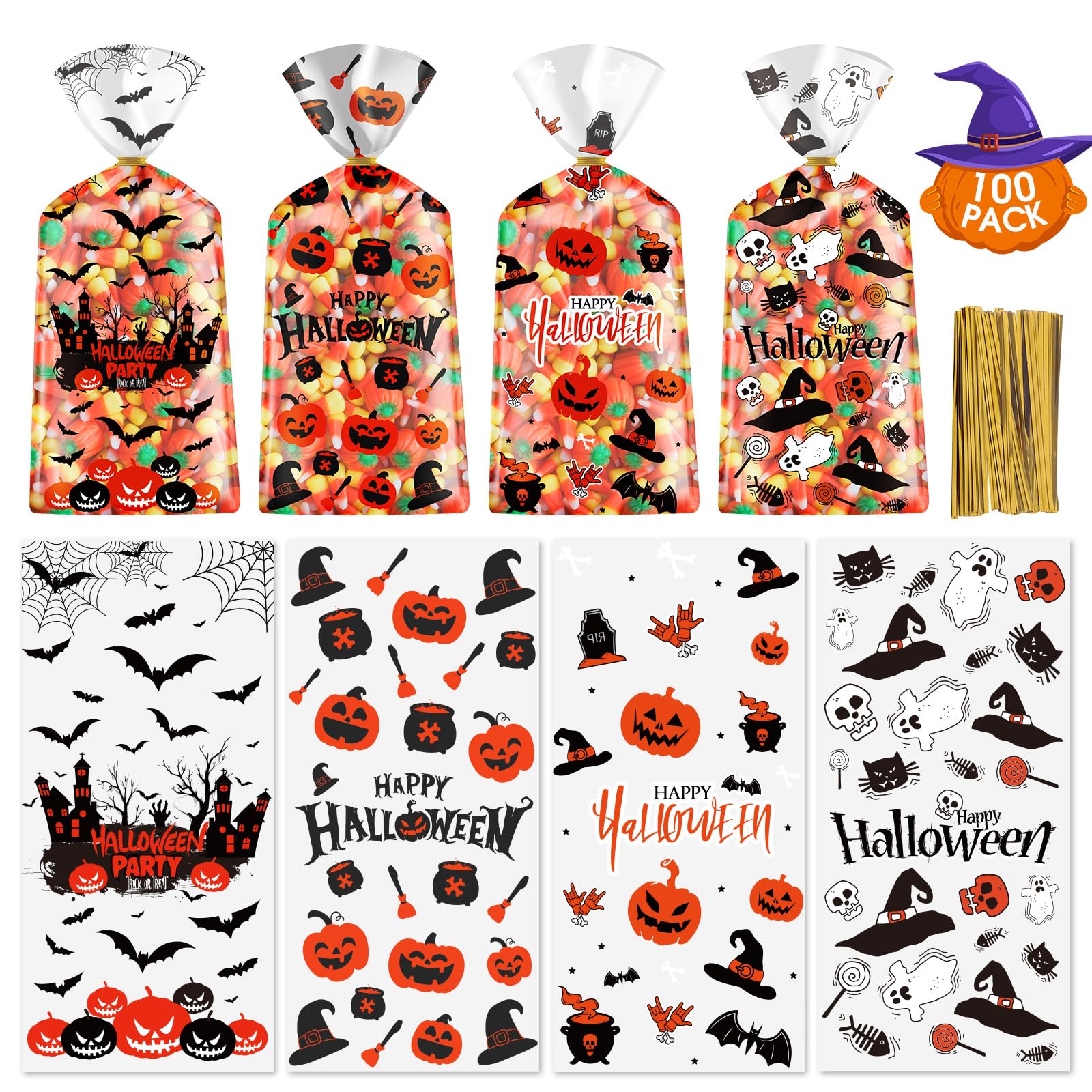 100 Pcs Halloween Treat Bags - Happy Halloween Goodie Bag, Plastic Halloween Pumpkin Cellophane Bags Bulk, Clear Gift Goody Candy Bags with Twist Ties for Halloween Party Supplies Favors Decorations