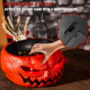 NEXIHOO Animatronic Halloween Candy Bowl - Pumpkin Bowl Halloween Decor Touch Activated with Creepy Sound,Moving Skeleton Hand, Light Up Animated Eyes, Scary Candy Dish for Halloween Party Decoration