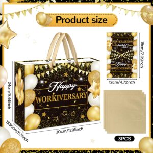 Happy Work Anniversary Gift Bag with Tissue Paper and Card Large Black Gold Happy Workiversary Wrapping Gift Bag for Employee Men Women Office Coworker Appreciation Party Thank You Wrap Bags Supplies