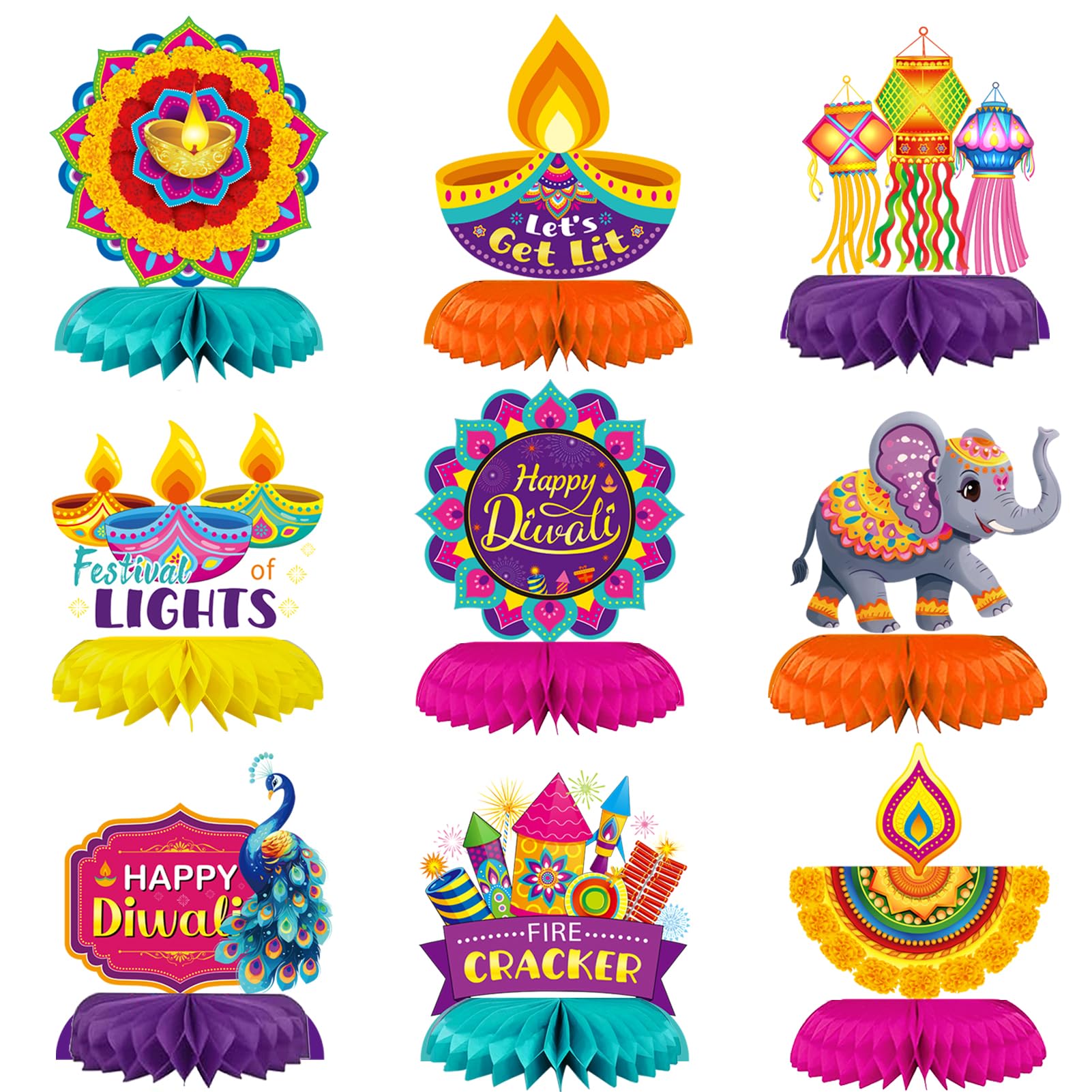 9 Pieces Diwali Honeycomb Ornaments - Diwali Party Decorations Demon Slayer Table Centerpieces Tabletop Decorations Diwali Happy Decorations for Indian Diwali Home Rangoli Party Decorations