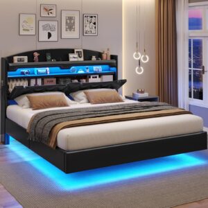 bthfst floating bed frame queen size with charging station & hidden storage headboard, rgb floating platform bed, no box spring needed, pu black