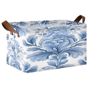 attx blue floral pattern storage baskets,large decorative collapsible rectangular waterproof fabric storage bin for home office(16.9x11.4x10inch,1 pack) #830