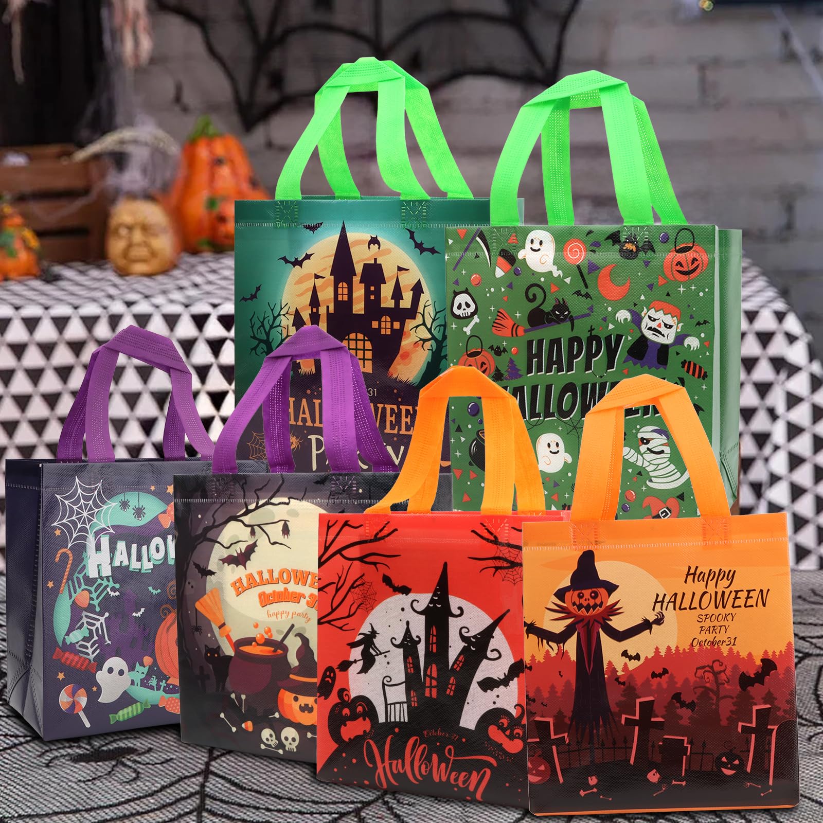 CIEHER 12PCS Halloween Treats Bags Party Favors Halloween Trick or Treat Bags, Halloween Tote Bags with Handles, Halloween Candy Bag Gift Bags, Halloween Party Supplies, 9"×8.6"×4.33"