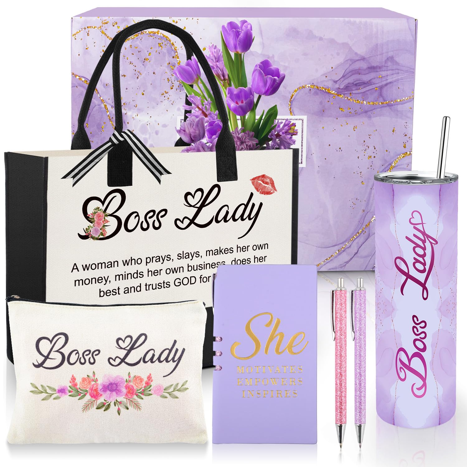 Boss Day Gifts for Women, Boss Lady Gifts for Women with 20 OZ Boss Lady Mug Canvas Tote Bag Makeup Bag Notebook and 2 Ballpoints Pen, Funny Boss Gifts for Female, Appreciation Gifts Christmas Gift