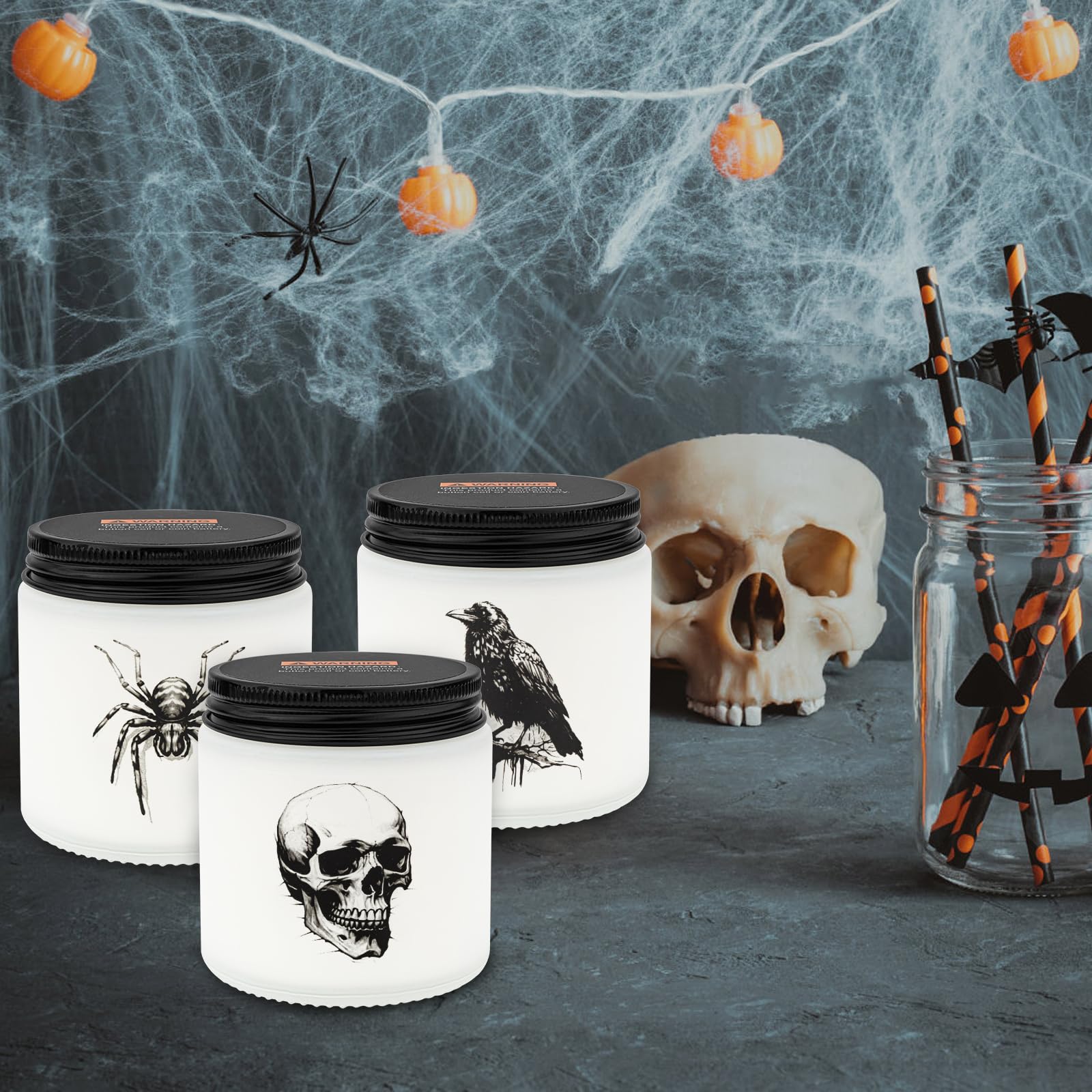 Homsolver Halloween Candles, Halloween Decorations Indoor Decor Gifts, Hallloween Spooky Skull Crow Spider Candles, Halloween Home Decor Indoor - Hallloween Lavender 3 Candles Set with LED Light