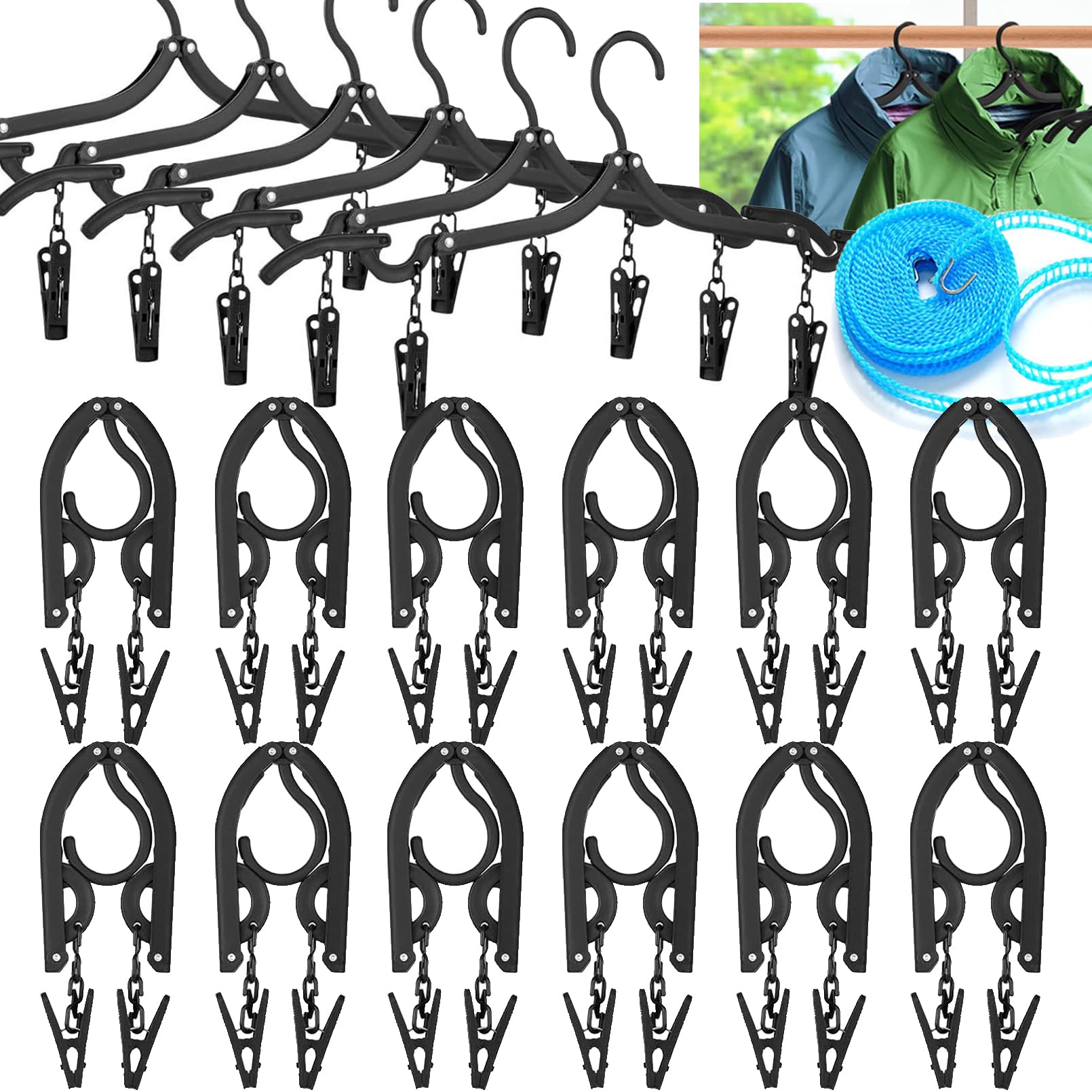 ddseexhe 12 PCS Travel Hangers,Portable Folding Clothes Hanger,Travel Accessories Foldable Travel Hangers with Clips,Foldable Clothes Drying Rack for Travel,Black Plastic Non Slip Clothing Hangers