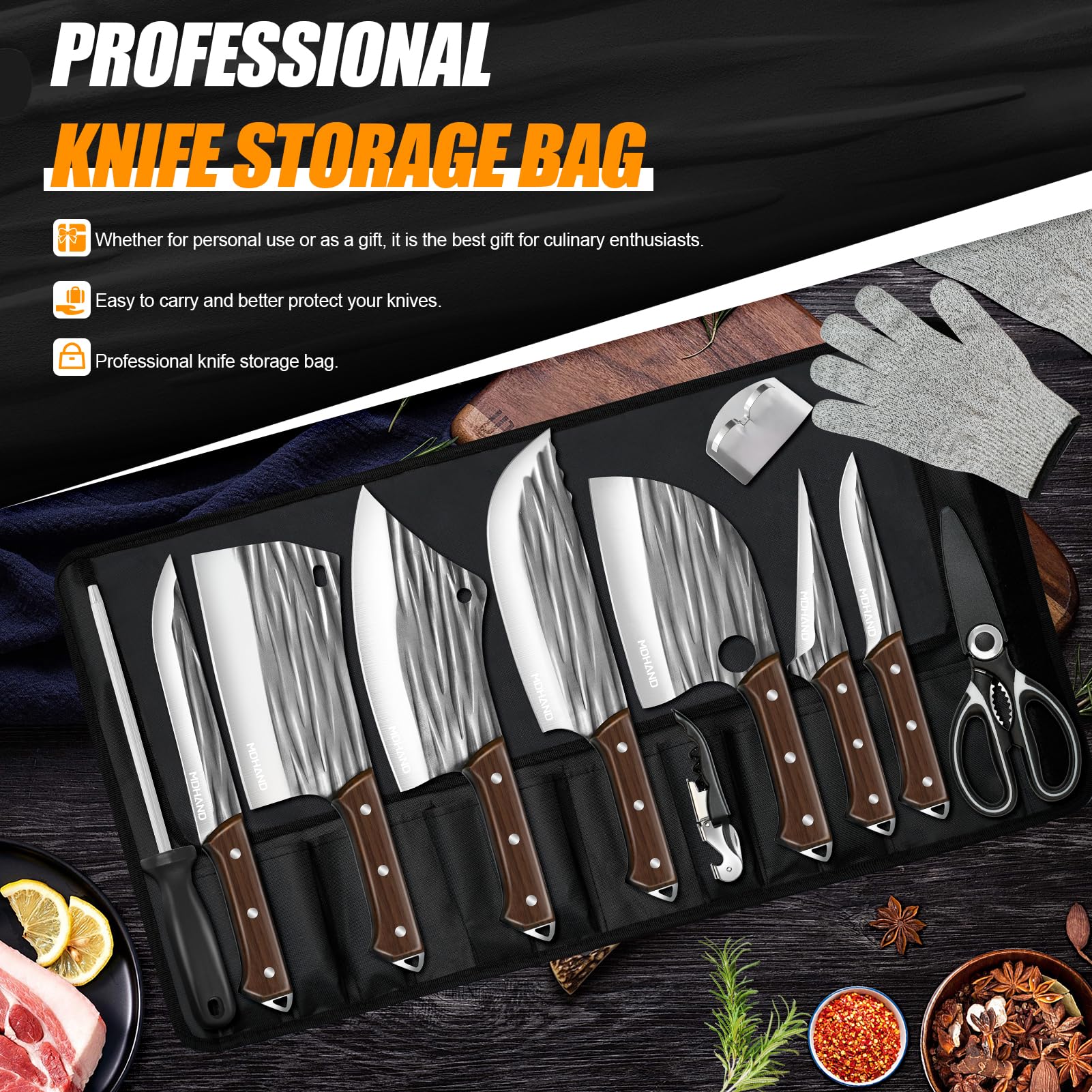 MDHAND 14PCS Professional Butcher Knife Set with Bag, Hand Forged High Carbon Steel Meat Cleaver Knife Set, Serbian Chef Knife Viking Boning with Sheaths for Kitchen Outdoor BBQ Camping