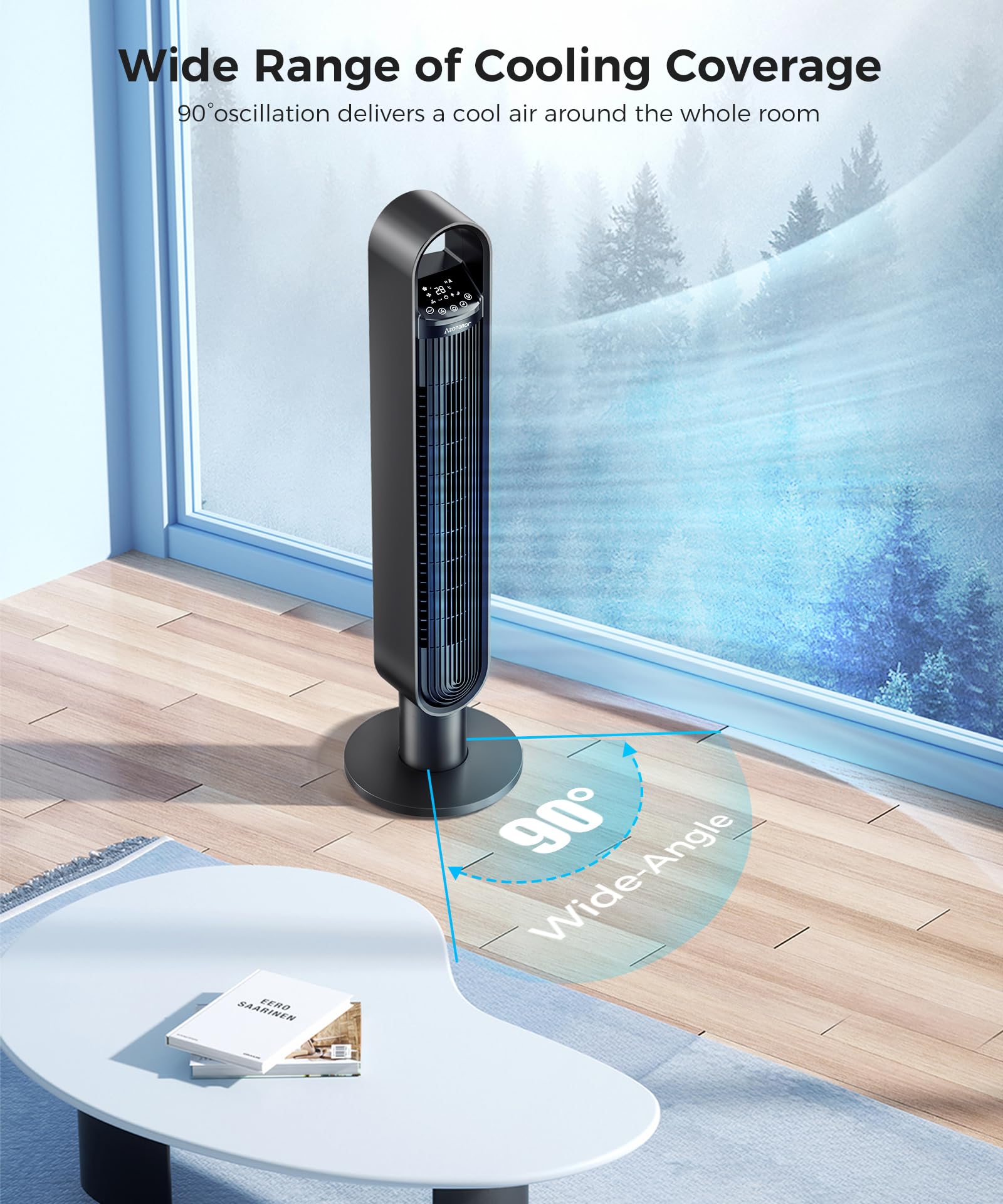 Azonanor Tower Fan for Bedroom, 90° Oscillating Standing Bladeless Fan with Remote, 12H Timer, 3 Speeds Max 28ft/s, 3 Modes, LED Display Floor Fans Works with Tuya/Smart Lift