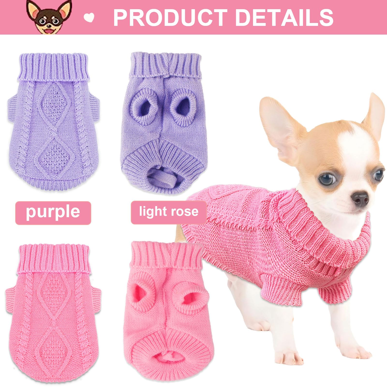 2 Pieces Puppy Sweater Dog Sweater for Small Dogs Winter Warm Dog Knitted Sweater Cute Puppy Clothes for Chihuahua Teacup Yorkie Pet Cat Knitwear Turtleneck Clothes XXS (XX-Small)