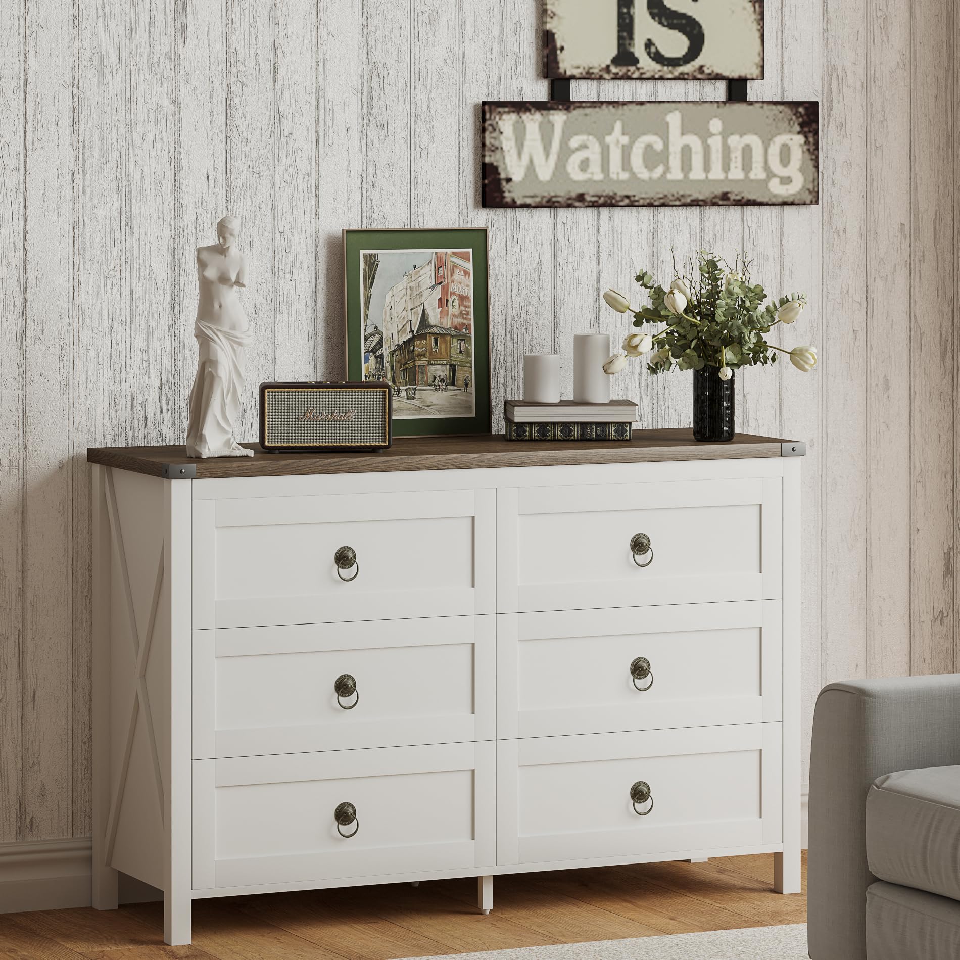 ChooChoo Farmhouse 6 Drawer Dresser, White Dresser for Bedroom, Wide Dressers & Chests of Drawers for Entryway, Hallway