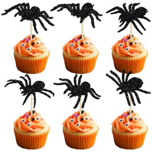 gyufise 24pcs halloween spider cupcake toppers glitter black spider cupcake picks halloween cupcake decorations for halloween theme baby shower birthday party cake decorations supplies