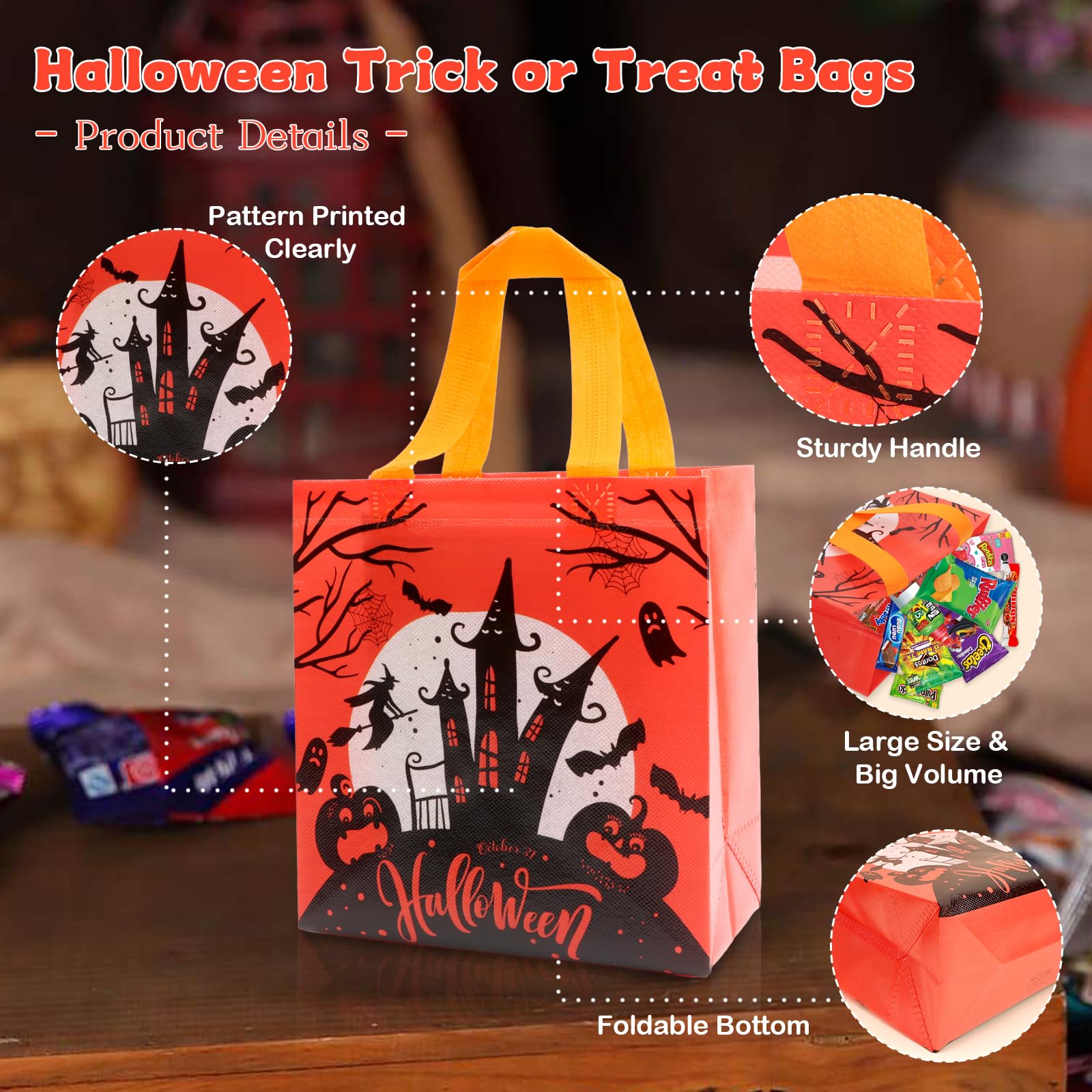 CIEHER 12PCS Halloween Treats Bags Party Favors Halloween Trick or Treat Bags, Halloween Tote Bags with Handles, Halloween Candy Bag Gift Bags, Halloween Party Supplies, 9"×8.6"×4.33"