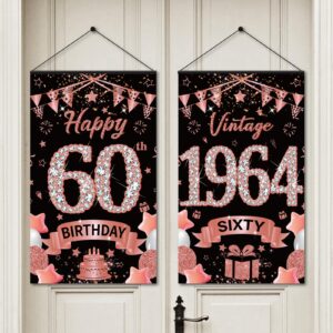 2pcs 60th birthday decorations door banner sign for women, vintage 1964 happy 60 birthday door hanging party supplies, rose gold and black sixty year old bday wall hanger decor