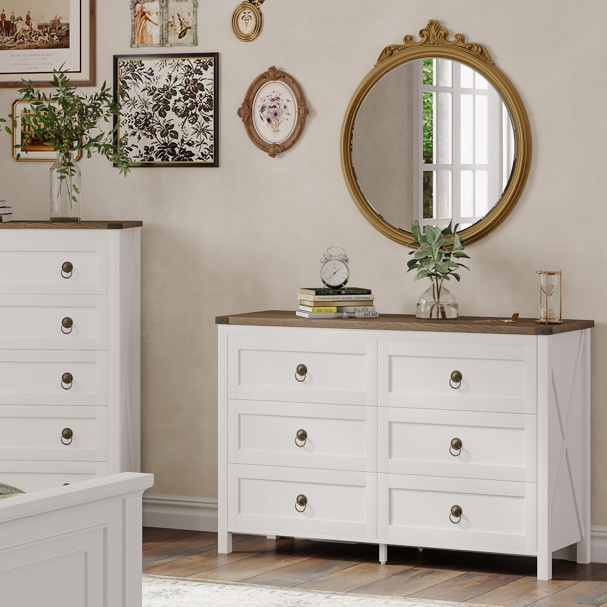 ChooChoo Farmhouse 6 Drawer Dresser, White Dresser for Bedroom, Wide Dressers & Chests of Drawers for Entryway, Hallway