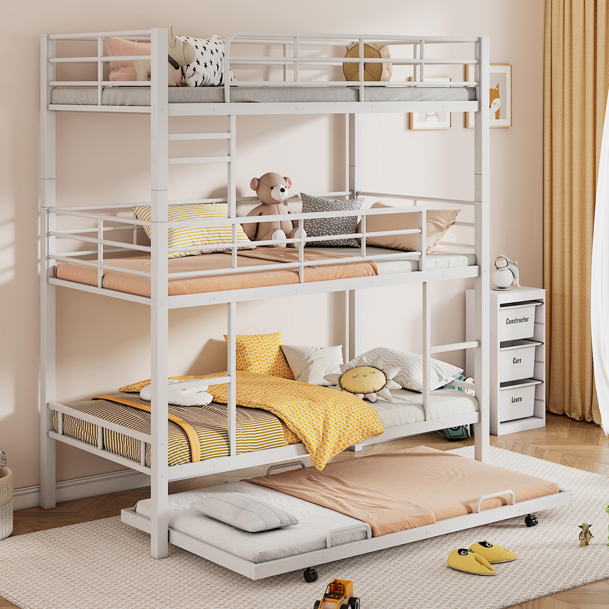 Harper & Bright Designs White Triple Bunk Bed with Trundle, Twin Over Twin Bunk Beds, Metal Quad Bunk Beds, 3 Bunk Beds with 2 Ladders & Guardrails, Convertible Heavy Duty Steel Frame