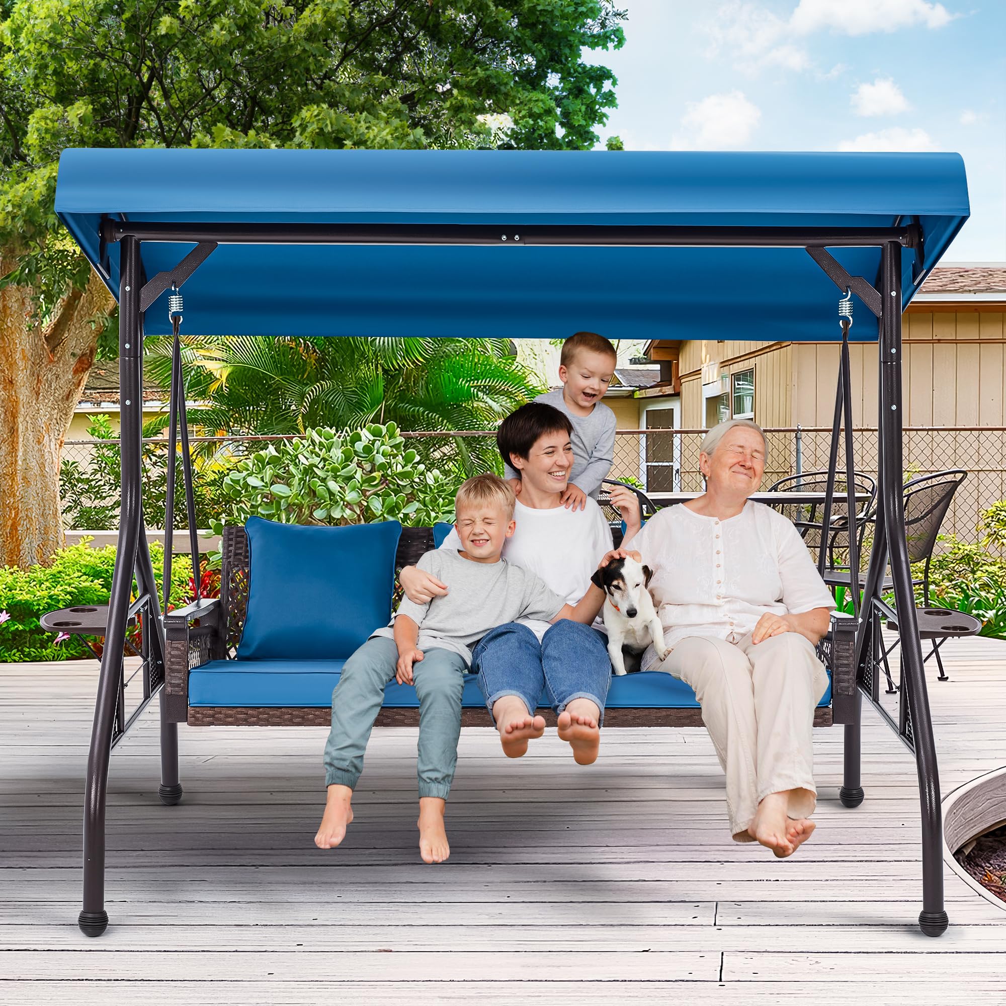 RYNSTO 3-Person Wicker Porch Swing with Adjustable Canopy, Outdoor Patio Swing with Stand, Cup Holder, Cushions, Pillow for Garden, Deck, Lawn, Back Yard (Blue)