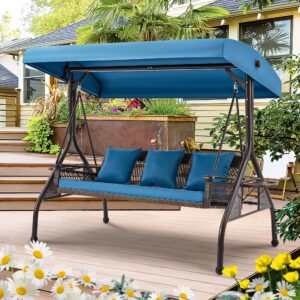 rynsto 3-person wicker porch swing with adjustable canopy, outdoor patio swing with stand, cup holder, cushions, pillow for garden, deck, lawn, back yard (blue)