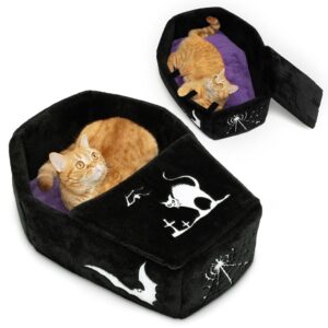 littlesy gothic cat bed with purple cushion - coffin cat bed ideal as halloween cat bed, perfect goth cat bed in black and purple for gothic-themed homes