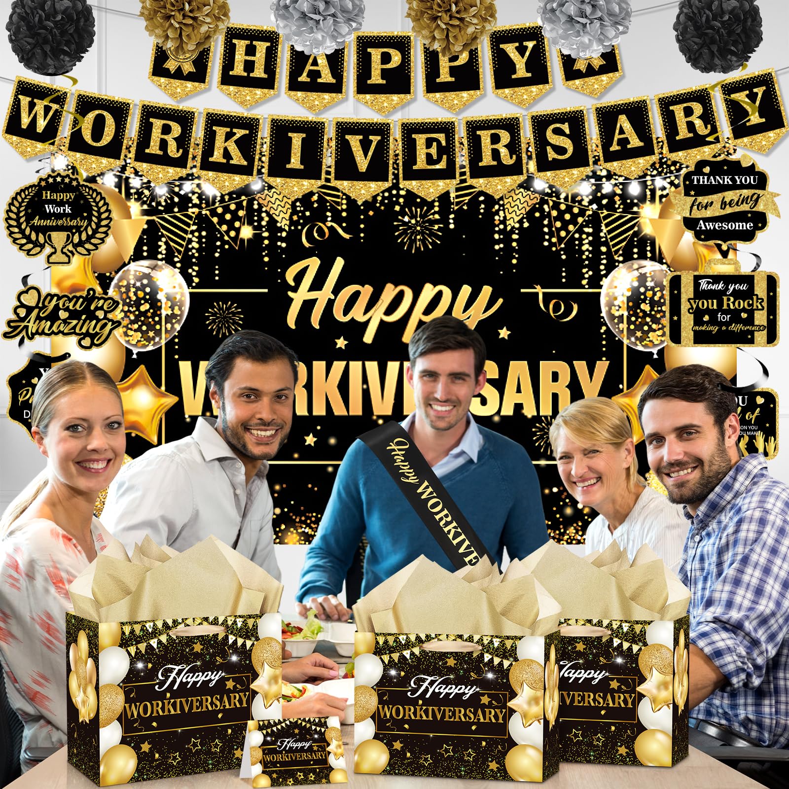 Happy Work Anniversary Gift Bag with Tissue Paper and Card Large Black Gold Happy Workiversary Wrapping Gift Bag for Employee Men Women Office Coworker Appreciation Party Thank You Wrap Bags Supplies