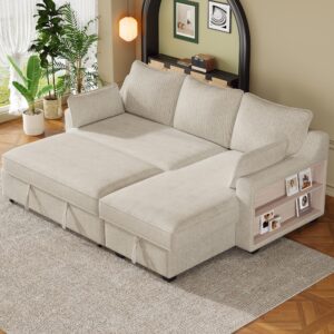 LUMISOL 90" Convertible L Shaped Sofa with Pull Out Bed, Chenille Sectional Sofa Bed with Reversible Chaise, Convertible Sleeper Sofa Couch with USB Ports and Cabinet Armrests, Beige