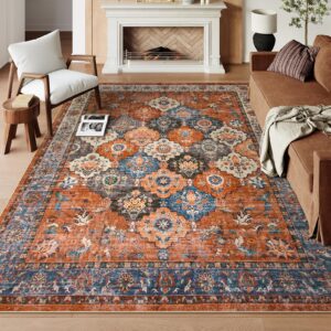 moynesa moroccan 8x10 area rug, washable rugs for living room, bohemian soft large bedroom rug, non shedding low pile floor carpet for dining room office decor, rust