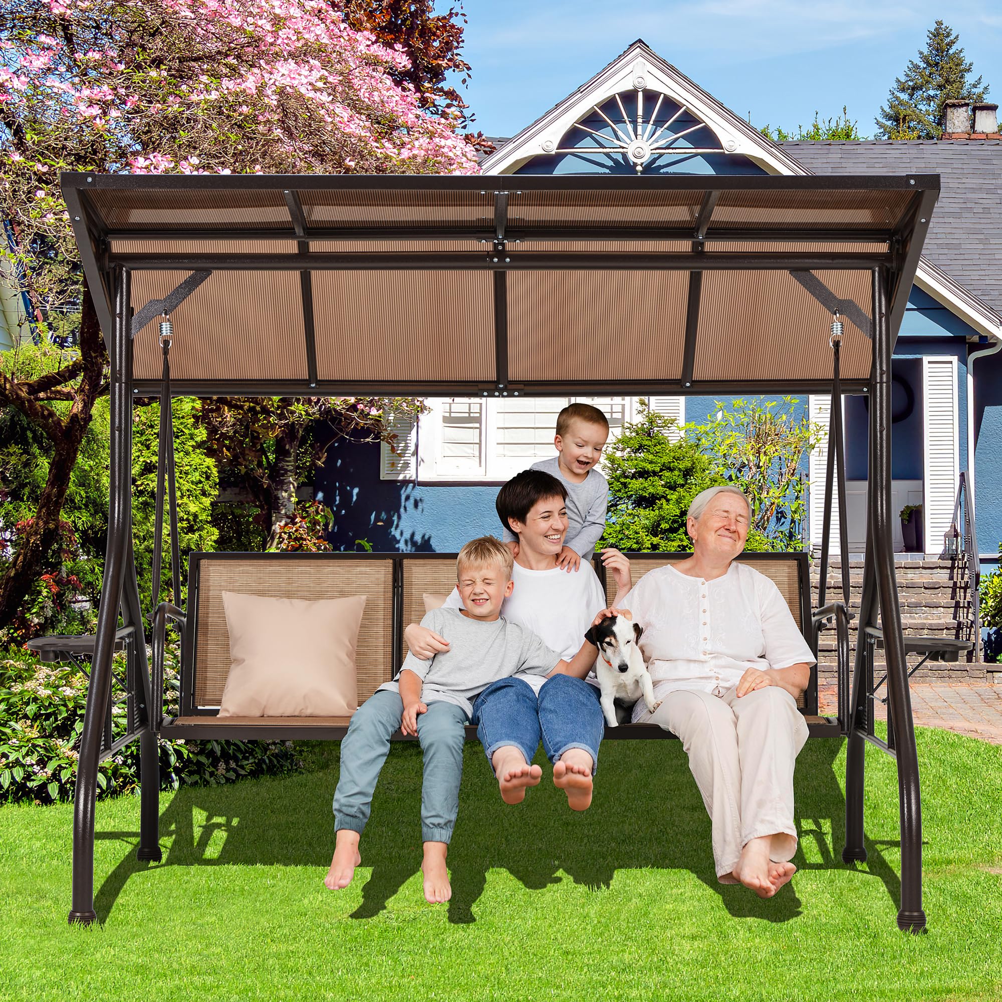 RYNSTO Outdoor Porch Swing with Adjustable Hardtop, Backrest, 3-Person Patio Canopy Swing Textilene Bed with Side Cup Holder, Pillow for Garden, Deck, Back Yard, Lawn (Brown)