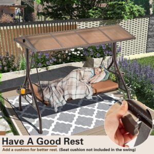 RYNSTO Outdoor Porch Swing with Adjustable Hardtop, Backrest, 3-Person Patio Canopy Swing Textilene Bed with Side Cup Holder, Pillow for Garden, Deck, Back Yard, Lawn (Brown)