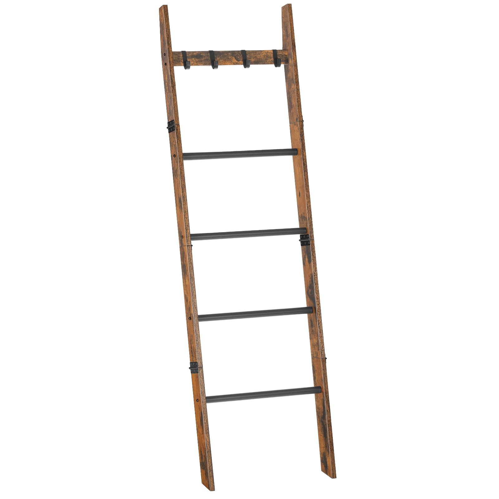 HOOBRO Blanket Ladder for Living Room, 5.2FT(63''), 5-Tier Wall Leaning Towel Rack with Hooks, Decorative Farmhouse Blanket Rack Shelf, Bedroom, Rustic Brown and Black BF160CJ01G1