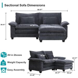 88.97" Living Room Sectional Cloud Couch, Modular Sectional Modern Sofa, 2-Seat Sectionals in Chenille, Loveseat with Ottoman, L Shaped Convertible Sofa Bed with Chaise (Beige Black, 88.97")