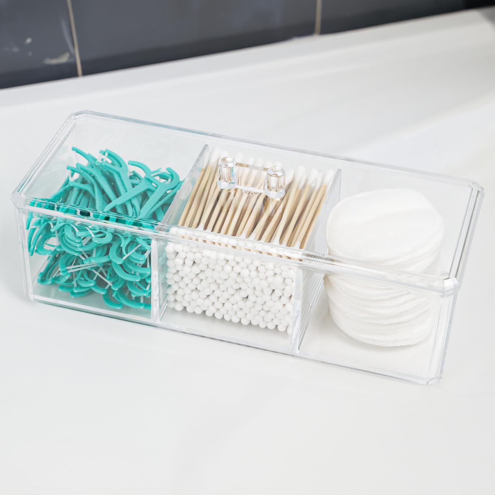 ZEXALOR Clear Bathroom Dresser Organizer - Cotton Ball Swab Holder with 3 Divided Compartments&Lid, , Waterproof Transparent Small Plastic Storage Containers, Vanity Makeup Organization (Clear)