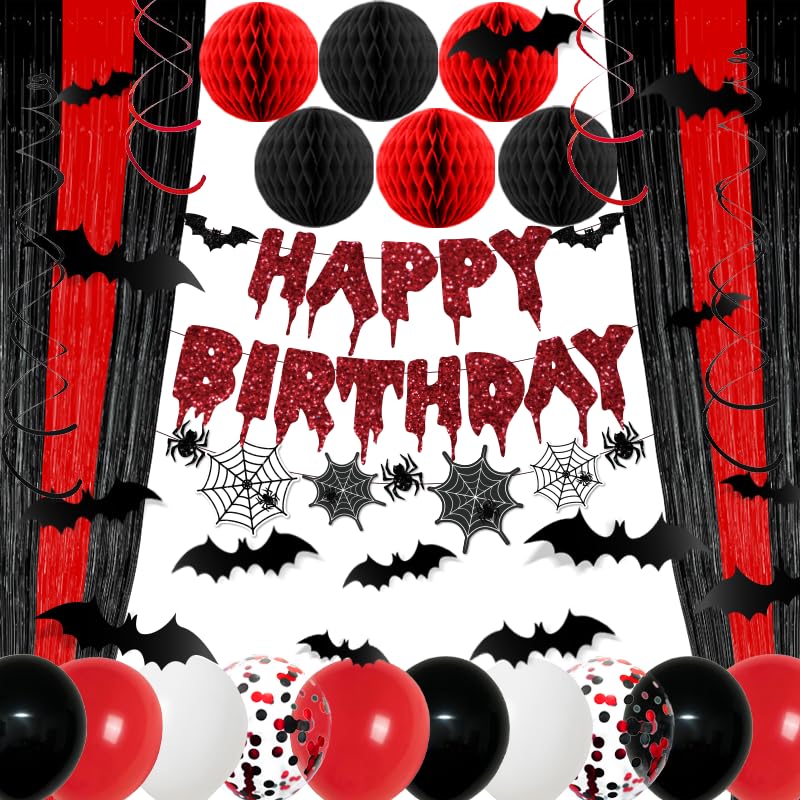 Halloween Birthday Party Decorations, Halloween Birthday Decorations includes Glitter Happy Birthday Banner Red Foil Curtains Backdrop and 3D Bat Sticker for Spooky Vampire Birthday Decorations