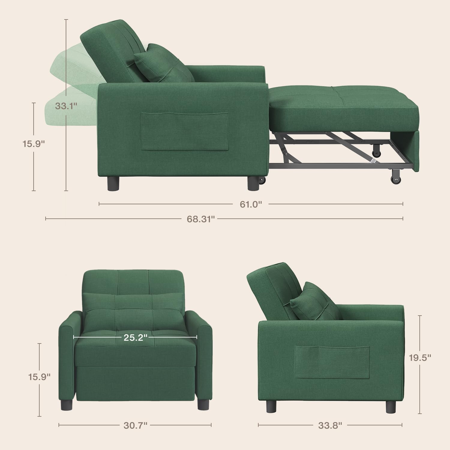 Aiho Convertible Sleeper Sofa Chair Bed with Pillow & Pocket, 3-in-1 Sofa Bed Sleeper Chair in Modern Linen Fabric for Apartment, Green