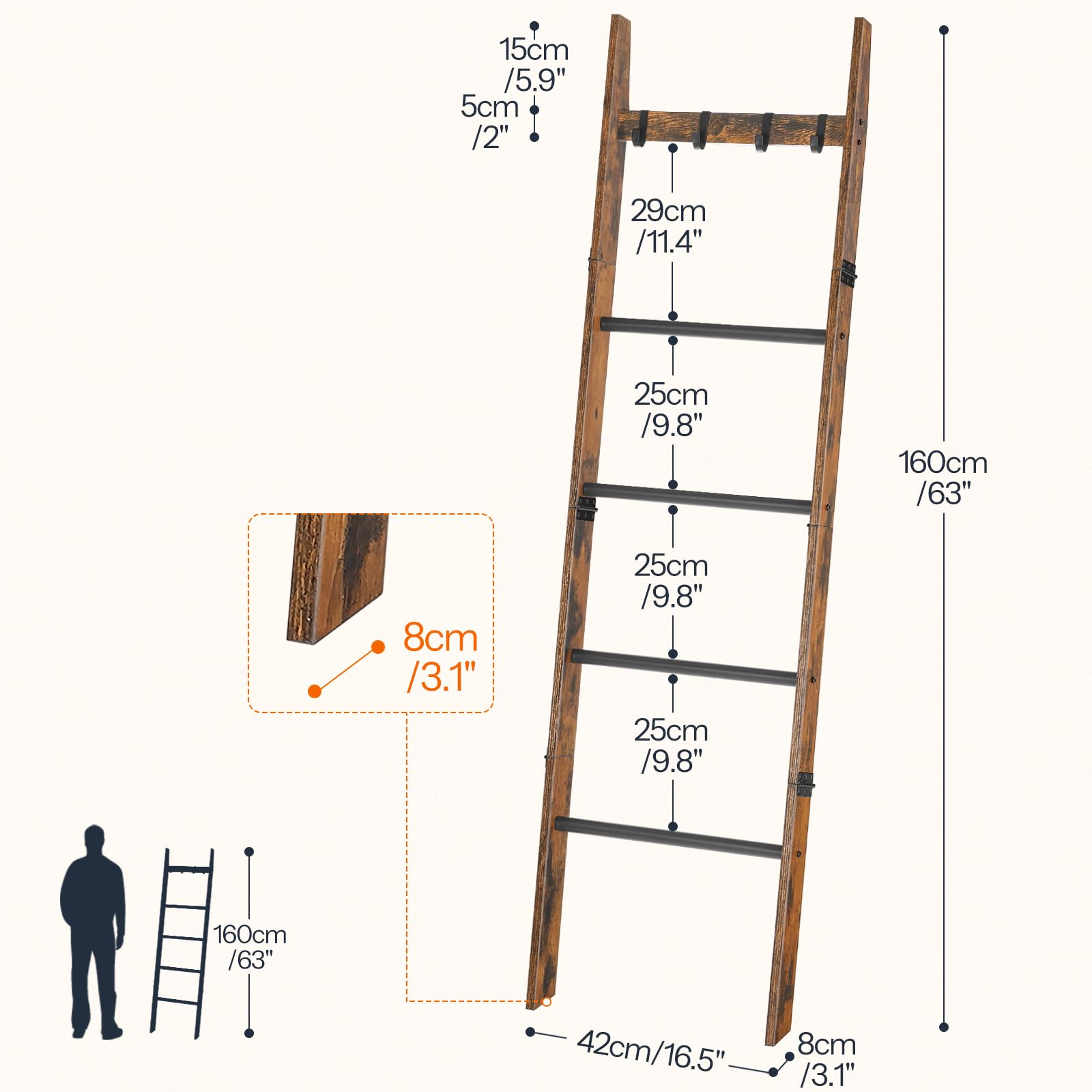 HOOBRO Blanket Ladder for Living Room, 5.2FT(63''), 5-Tier Wall Leaning Towel Rack with Hooks, Decorative Farmhouse Blanket Rack Shelf, Bedroom, Rustic Brown and Black BF160CJ01G1