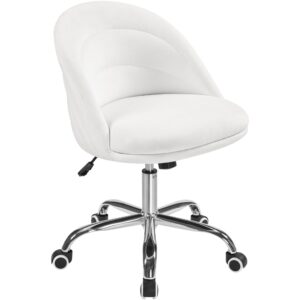 yaheetech velvet cute desk chair armless office chair swivel vanity chair with wheels adjustable comfy desk chair soft rocking chair for home office, living room white