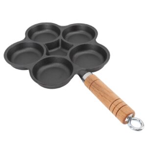 Cast Iron 5 Hole Egg Frying Pan, Heavy Duty Breakfast Pan, Fast Heating Induction Cooker, Solid Wood Handle, for Gas Stove