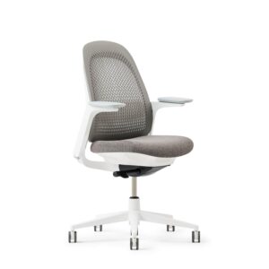 haworth breck office chair - ergonomic desk seat with height-adjustable lumbar support, white trim, duo-tone hard casters, and 4d-arms (stone)