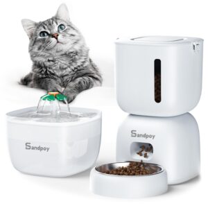 sandpoy automatic cat feeder and water dispenser fw1, 3l cat food dispenser with locking lid, two-in-one set timed cat feeder for cats and puppies, pet feeder with portion control, 4 daily meals