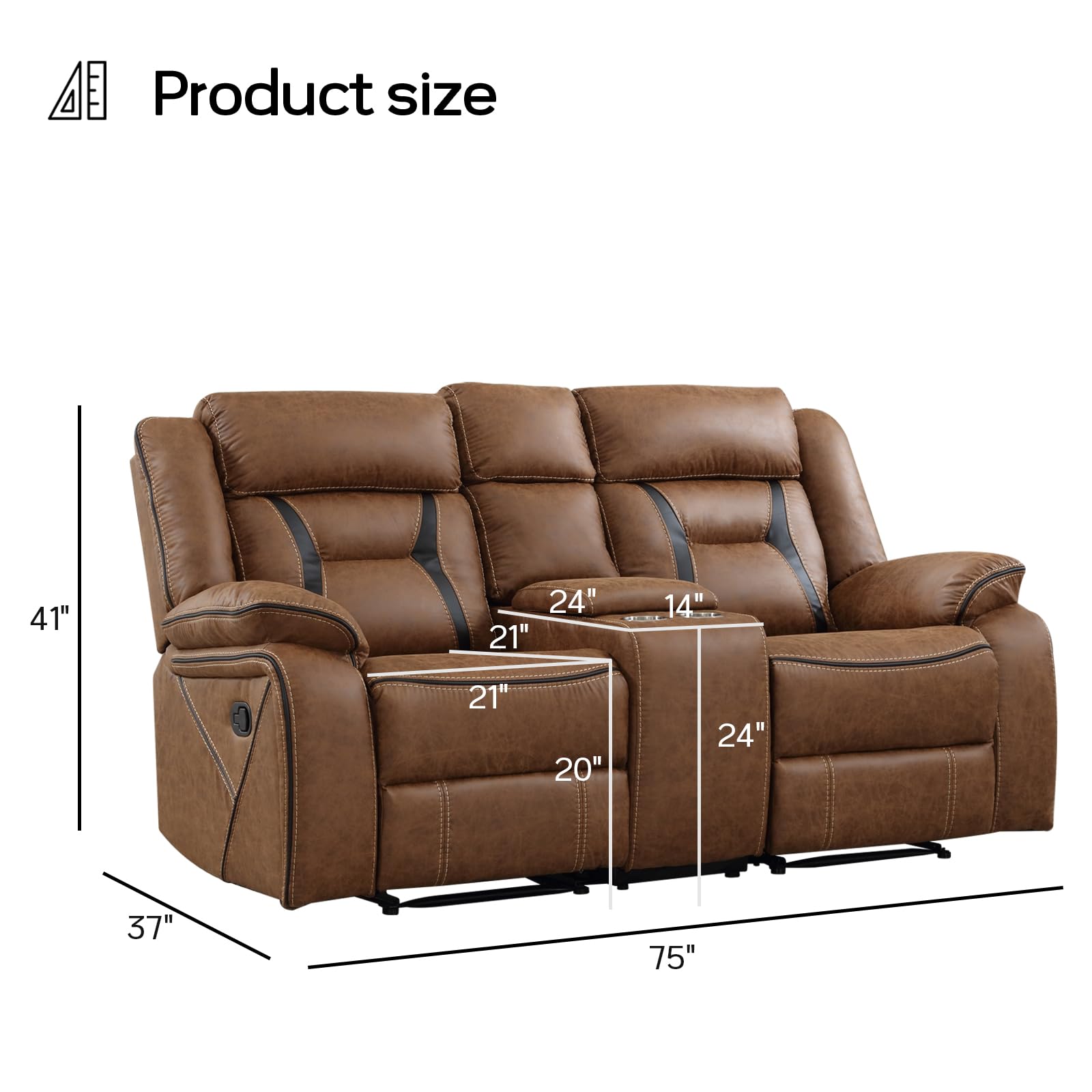 EBELLO Faux Leather Manual Loveseat Recliner, 2 Seat Reclining Sofa Chair with Center Console, Hidden Storage and Cup Holders, Daul Recliner for Living Room, Meeting Room, Brown (Loveseat)