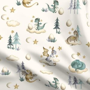 Spoonflower Fabric - Baby Dragon Whimsical Fun Cute Happy Cheerful Fantasy Mythical Beige Printed on Polartec(R) Fleece Fabric by The Yard - Sewing Blankets Loungewear and No-Sew