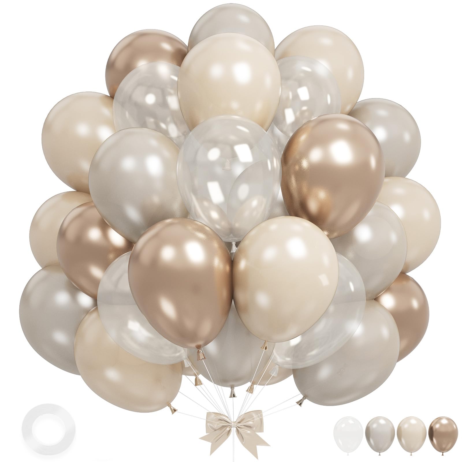 Beige White Gold Balloons,12 Inchs Sand White Metallic Champagne Clear Bride Balloons for Girls Wedding Anniversary Bachelorette Party Boho Bridal Shower Birthday Decorations